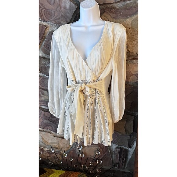 American Vintage | Tops | Swan Silk Ivory Sequin Beaded Sparkly Silver ...